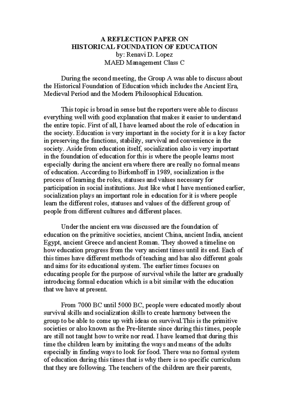 Reflection Paper on Hist. & Anthropological Foundation of Education ...