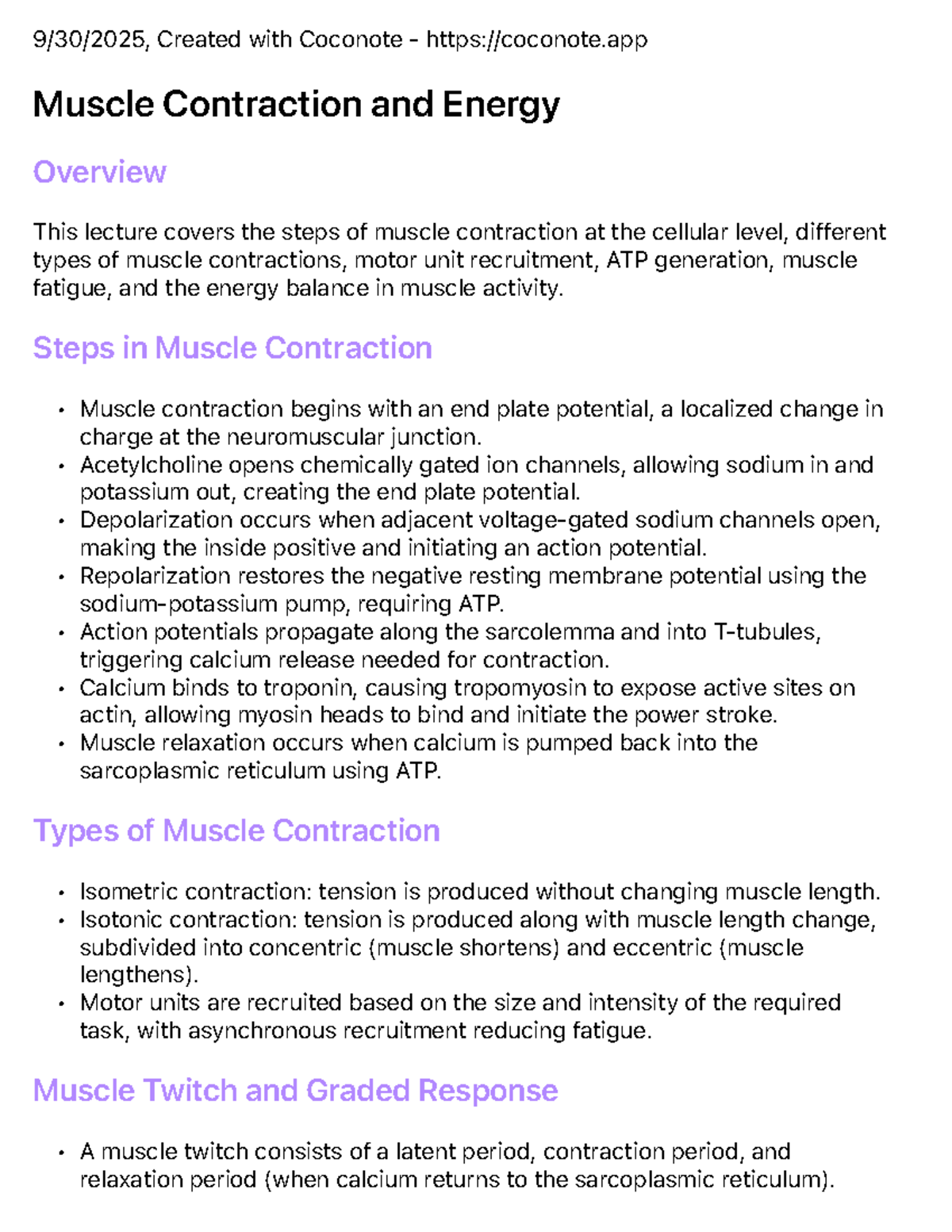 Muscle Contraction & Energy Overview - Chapter 9 Part B Notes - Studocu