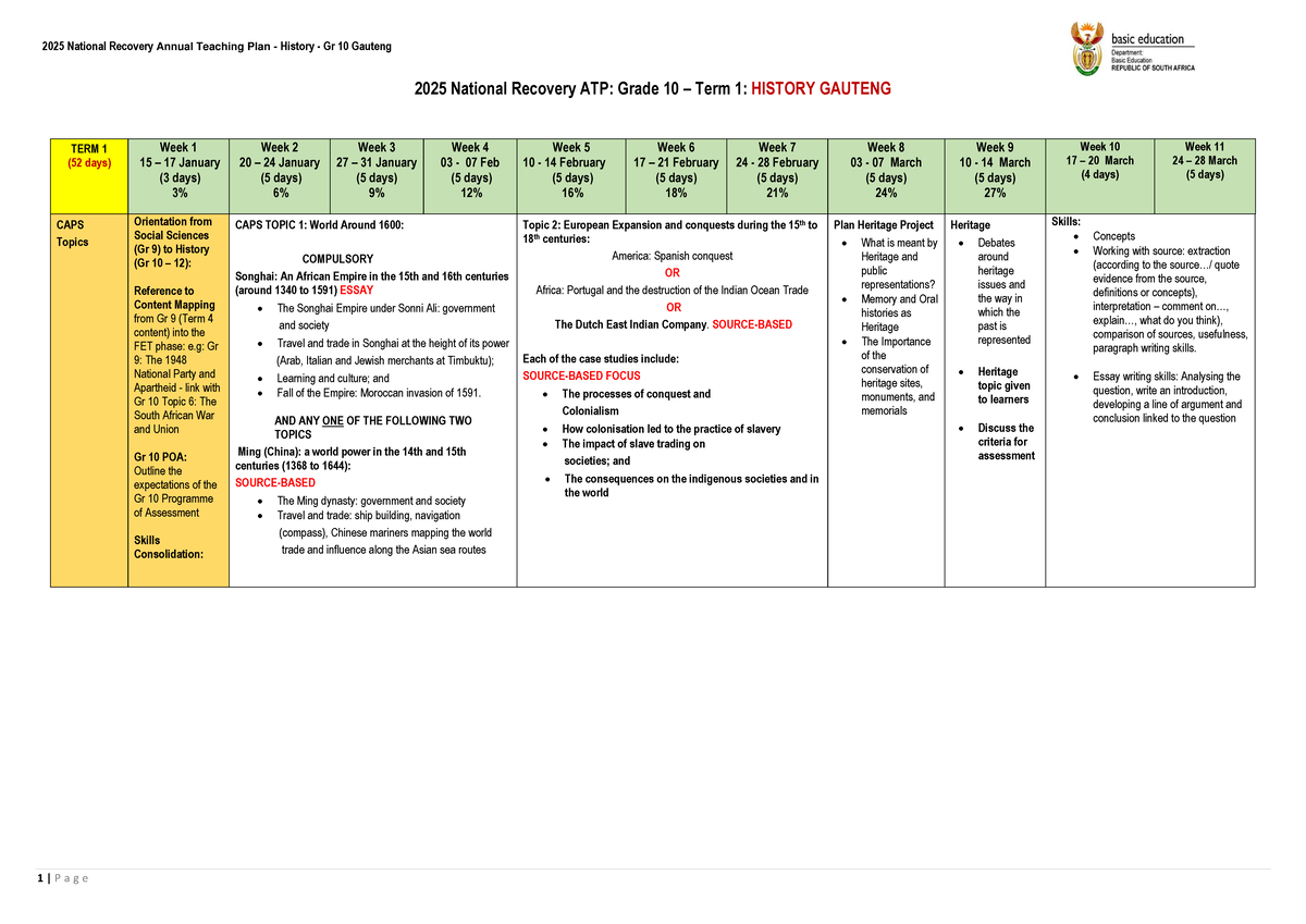 2025 Grade 10 History National Recovery ATP & POA Overview - Studocu