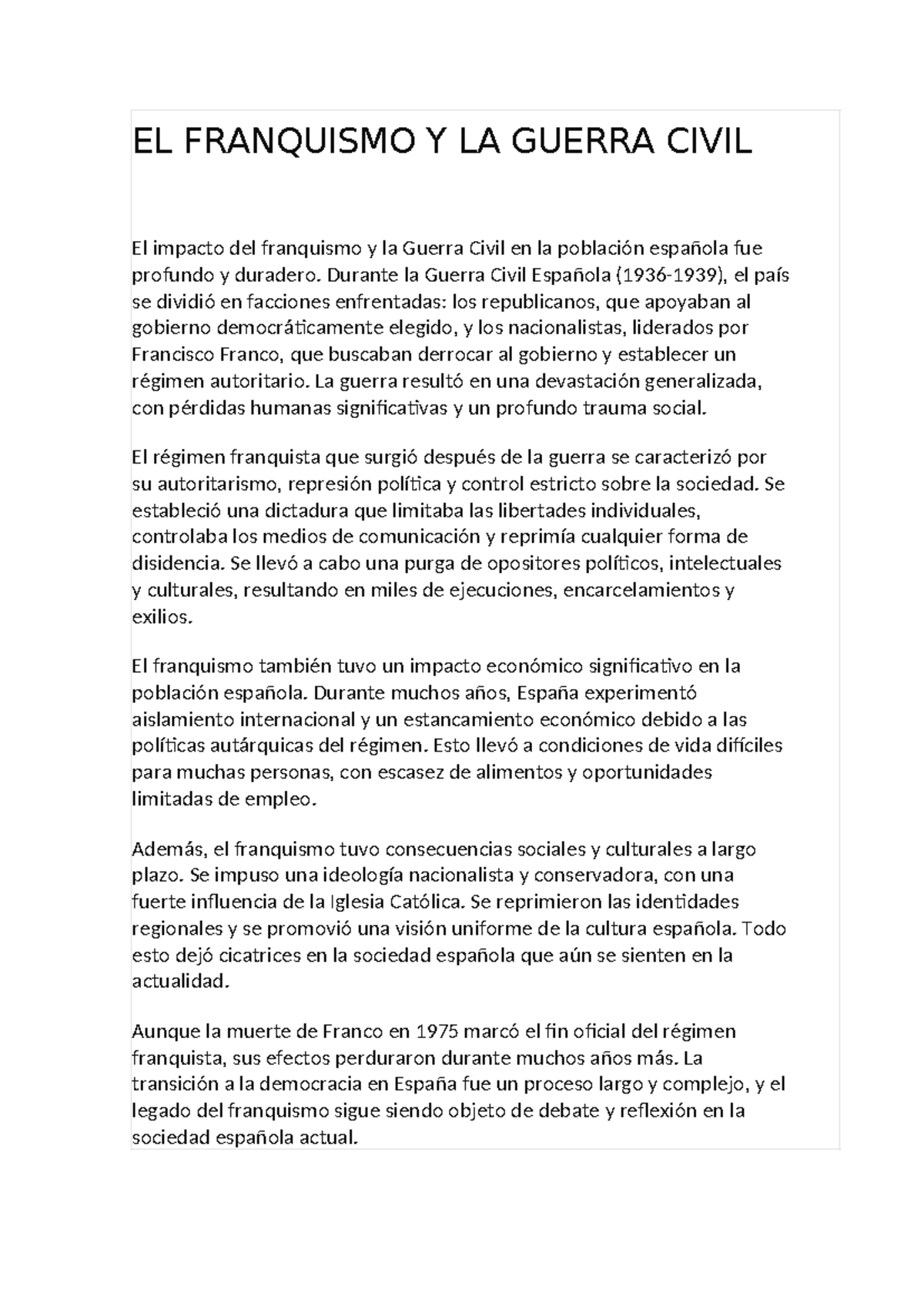 EL Franquismo y la Guerra Civil: Impactos en la Sociedad Española - Studocu