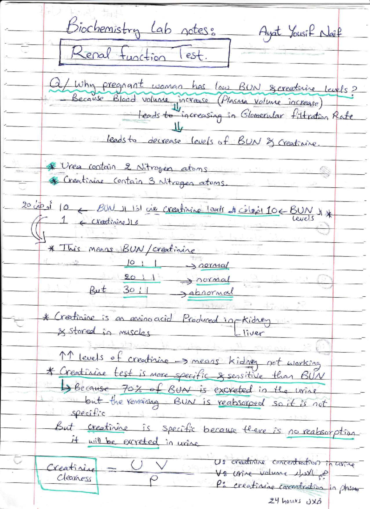 Notes of urea&creatinine test biochemistry lab - Perform the following ...
