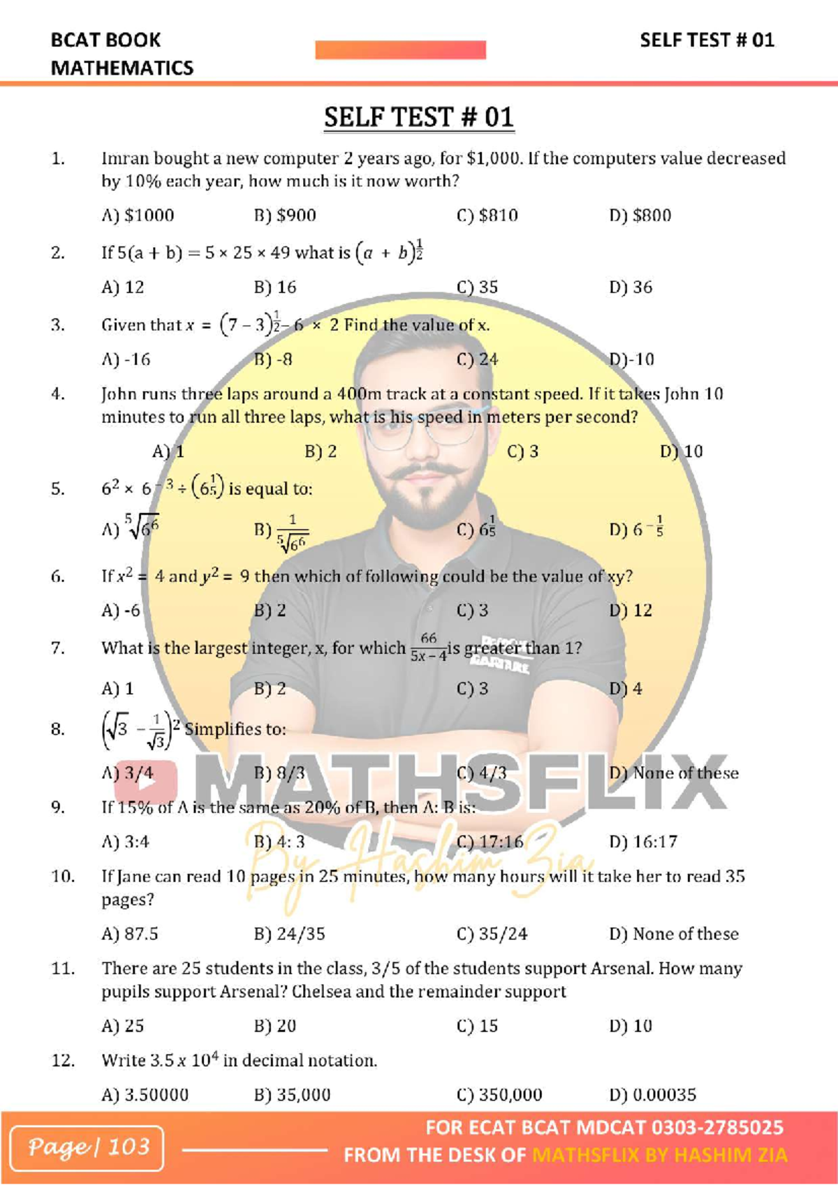 BCAT MATHEMATICS SELF TEST 01: Comprehensive Practice Questions - Studocu