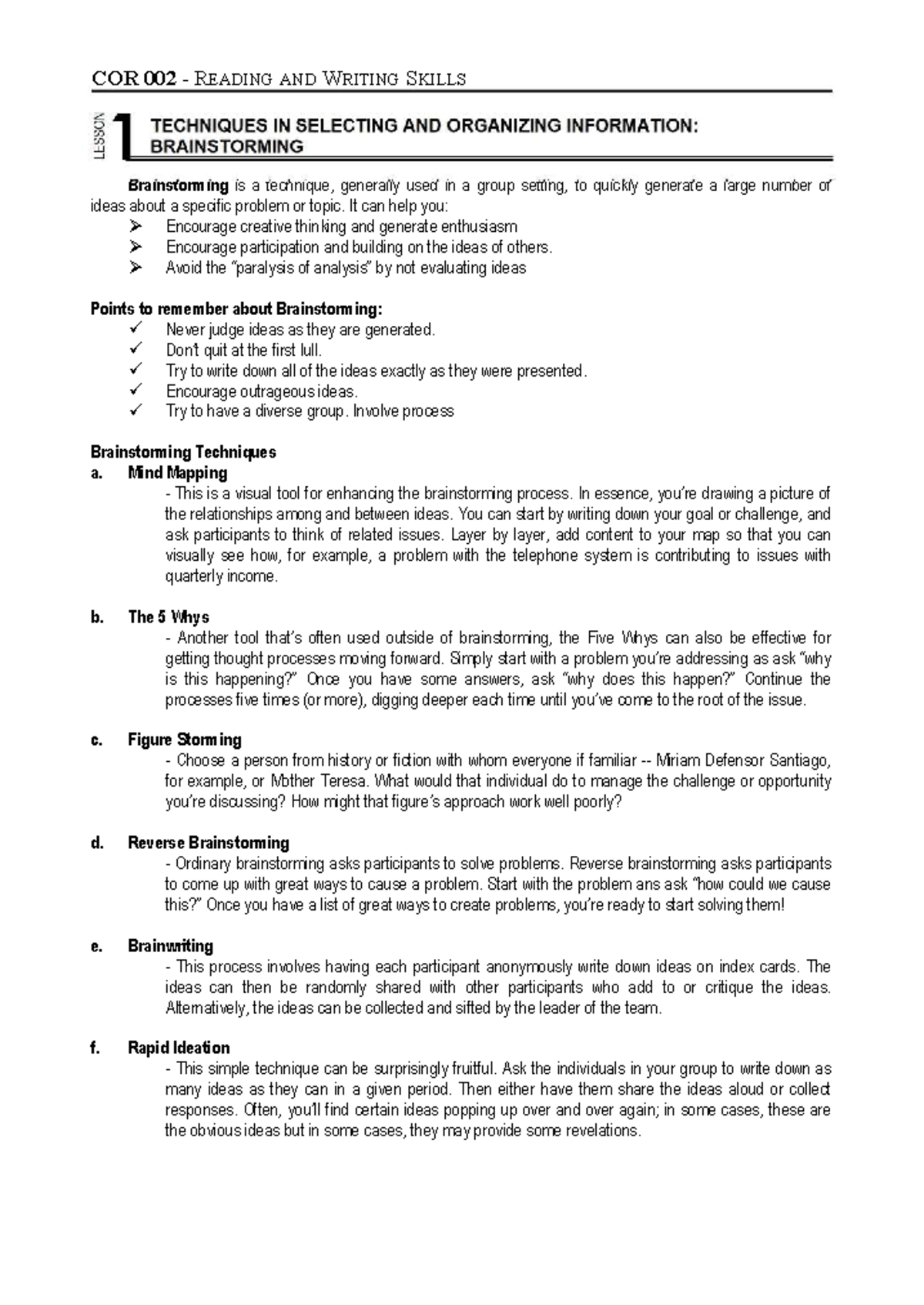 COR 002 READING AND WRITING SKILLS: Brainstorming Techniques and ...