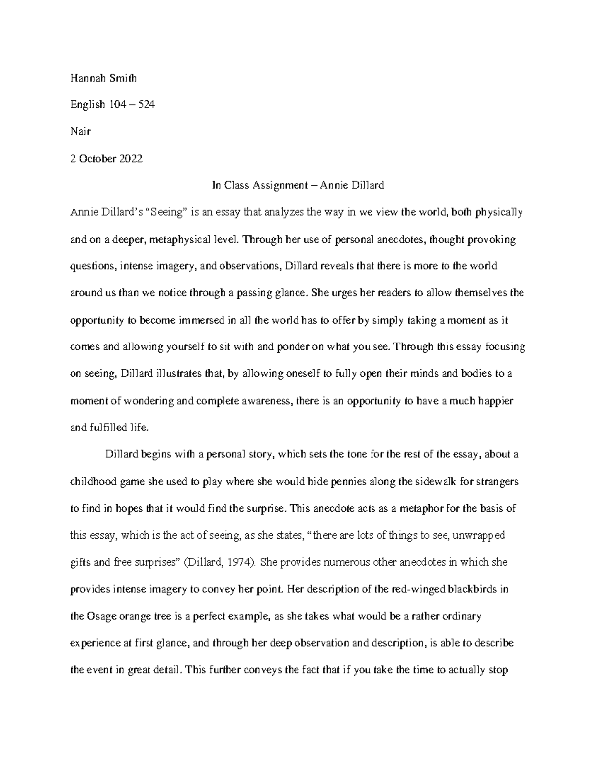 English 104 In-Class Assignment: An Analysis of Annie Dillard's "Seeing ...