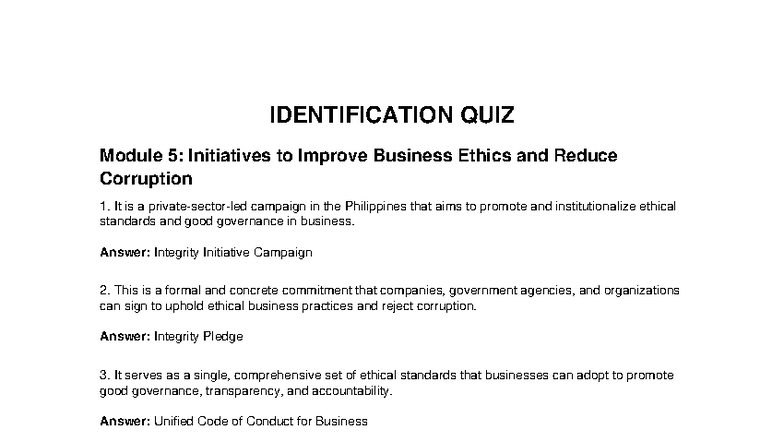 Module 5 Identification Quiz: Business Ethics & Anti-Corruption - Studocu