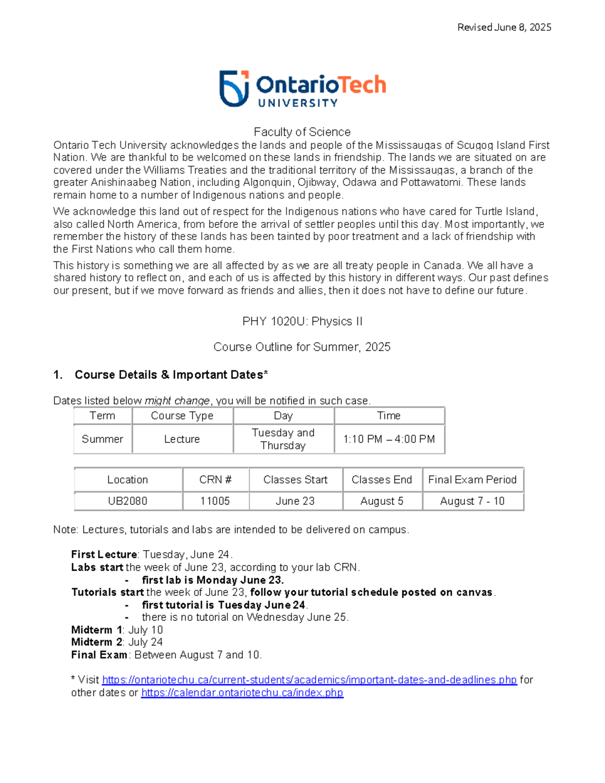 Syllabus for PHY 1020U: Physics II - Summer 2025 Course Outline - Studocu
