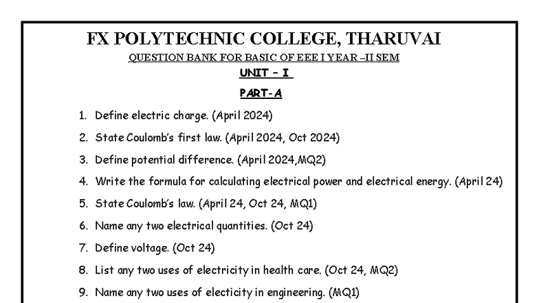 BEEE - Question Bank for I Year II Sem Electrical Engineering - Studocu