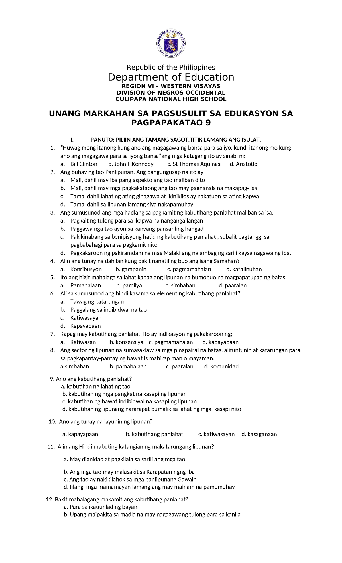 1st Periodical Test Grade 9 ESP - Republic of the Philippines ...