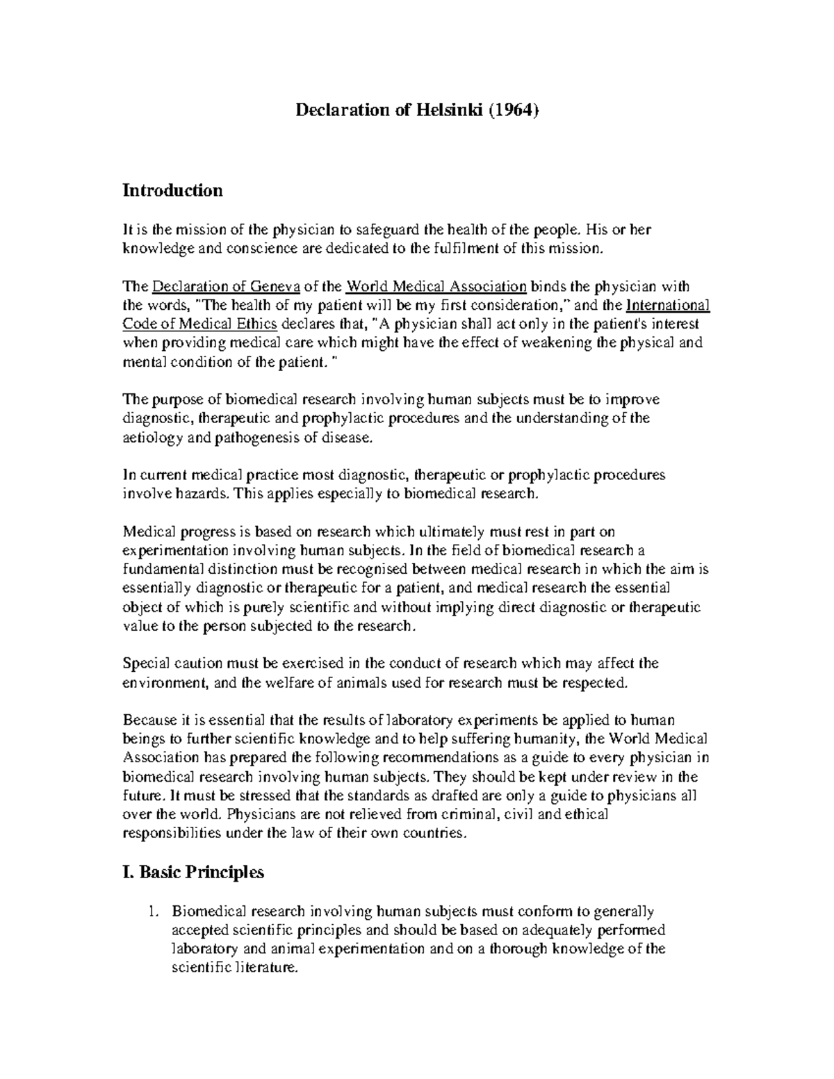 Declaration of Helsinki (1964): Ethical Principles in Biomedical ...