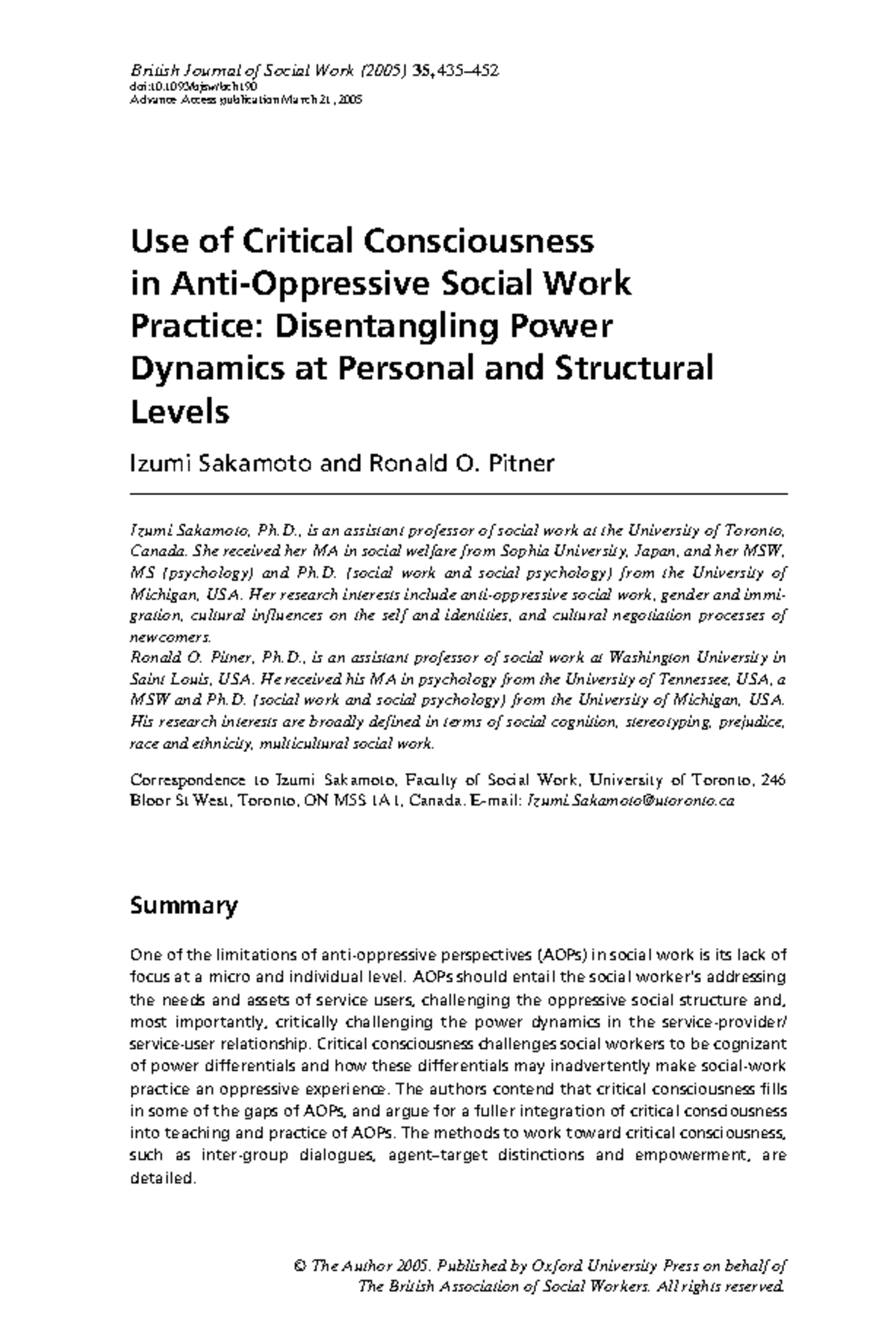 Use of Critical Consciousness in AOP Social Work Practice - Studocu