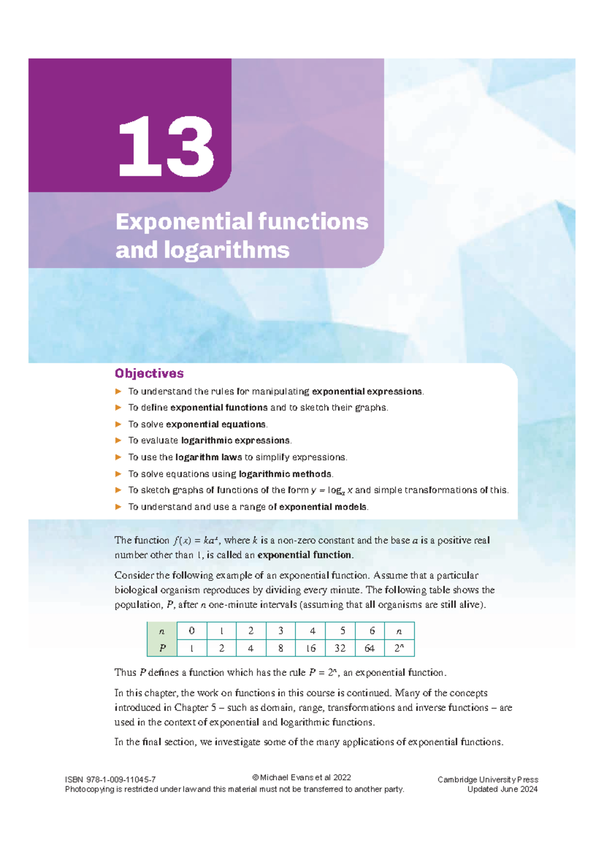 Methods 12 2ed Ch13: Exponential Functions & Logarithms Overview - Studocu