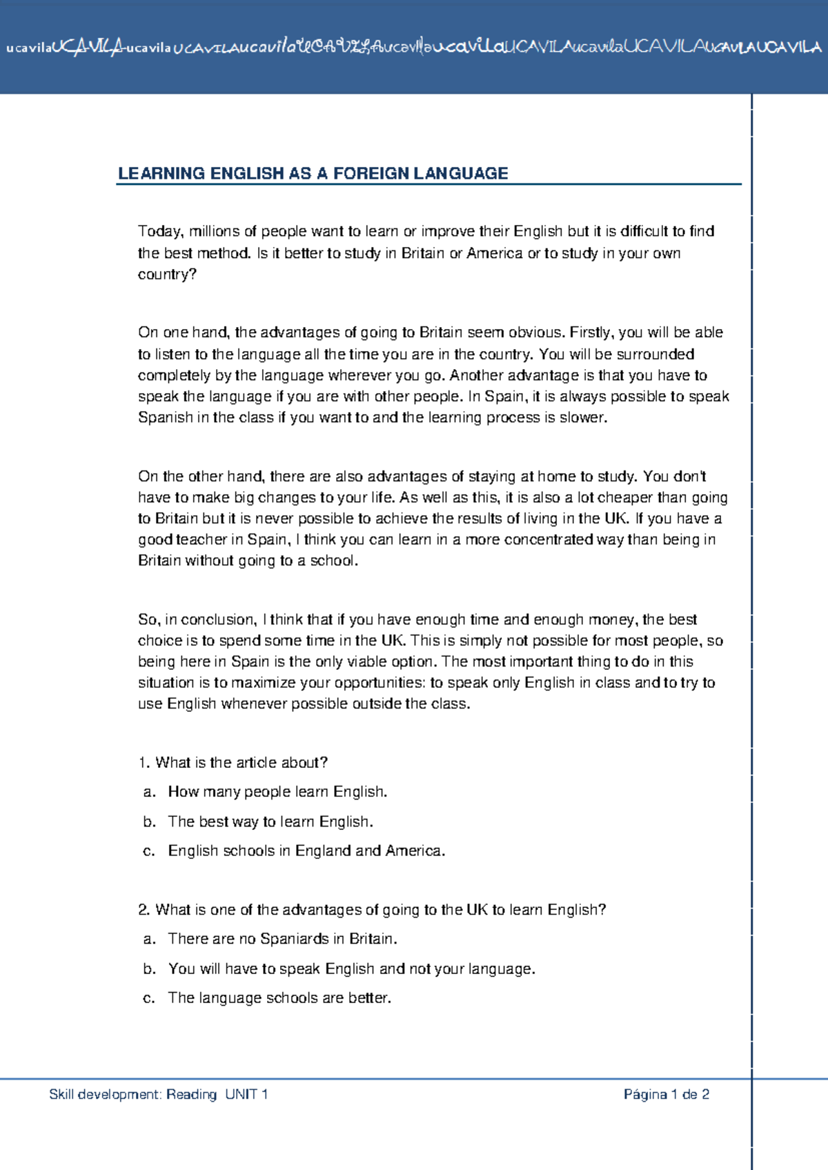 LEARNING ENGLISH AS A FOREIGN LANGUAGE: UNIT 1 Reading Skills - Studocu