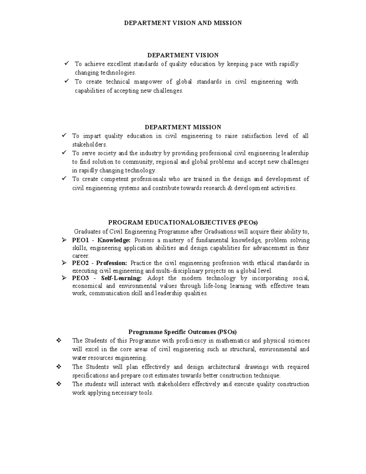 Civil Engineering Dept Vision & Mission: Quality Education Goals - Studocu