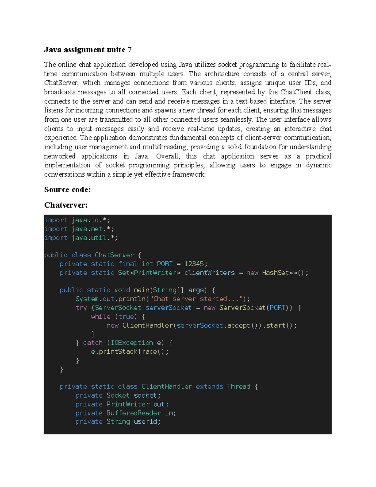 Java Assignment Unit 7: Online Chat App Using Socket Programming - Studocu