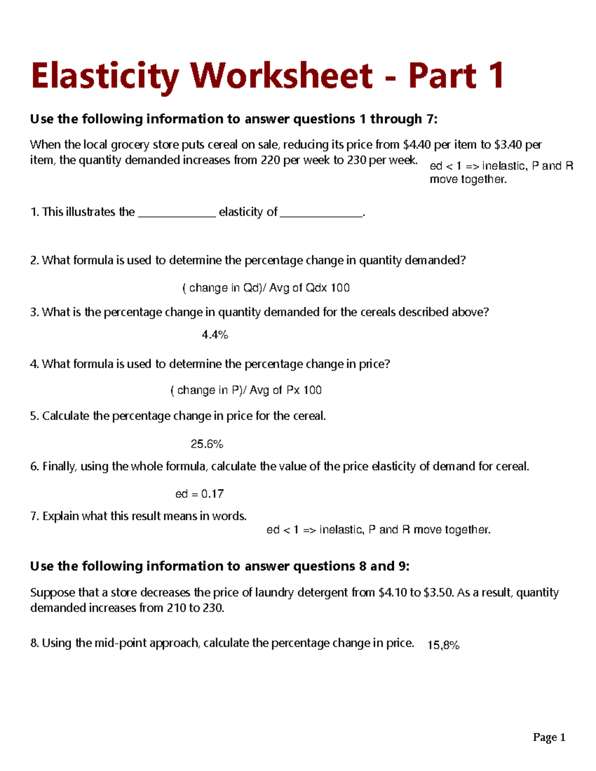 L2.4 - Elasticity Part 1 - Page 1 Elasticity Worksheet - Part 1 Use the ...