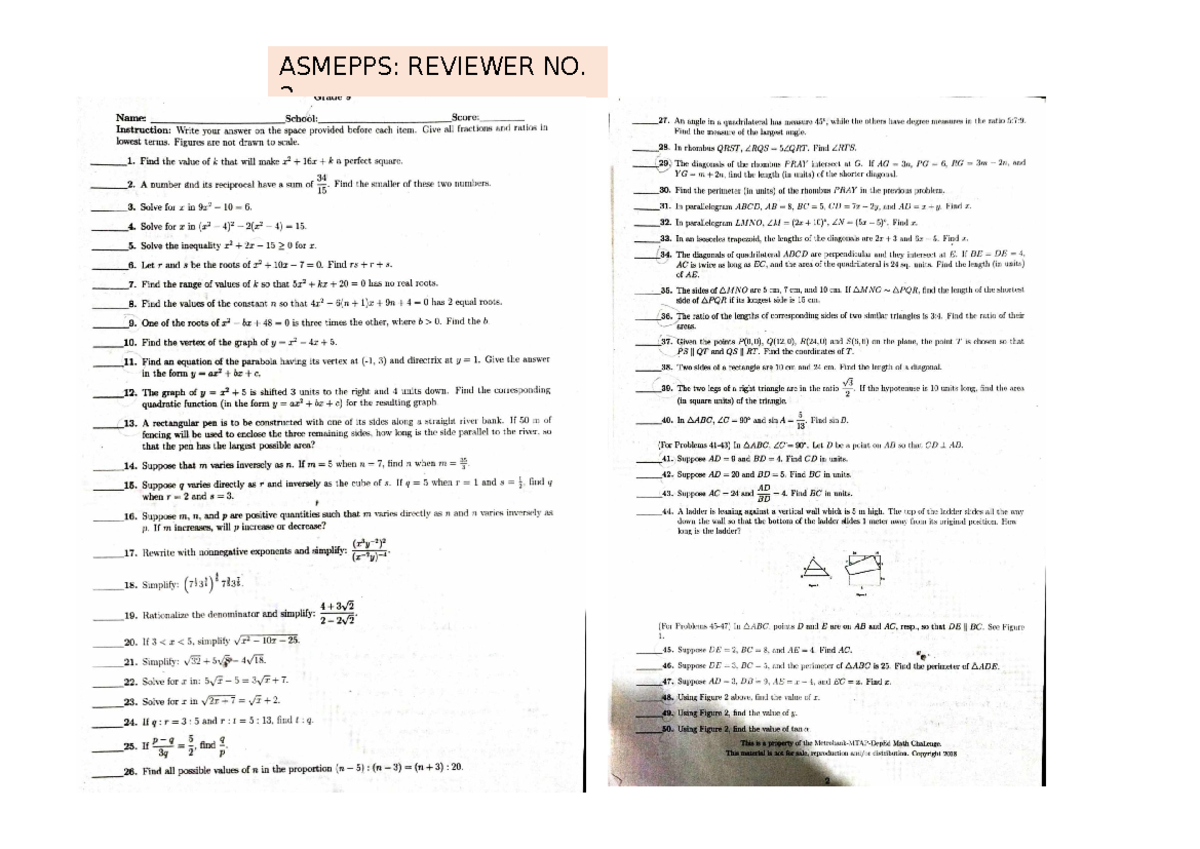 ASMEPPS: 2018 Reviewer No. 2 - Geometry and Algebra Problems - Studocu