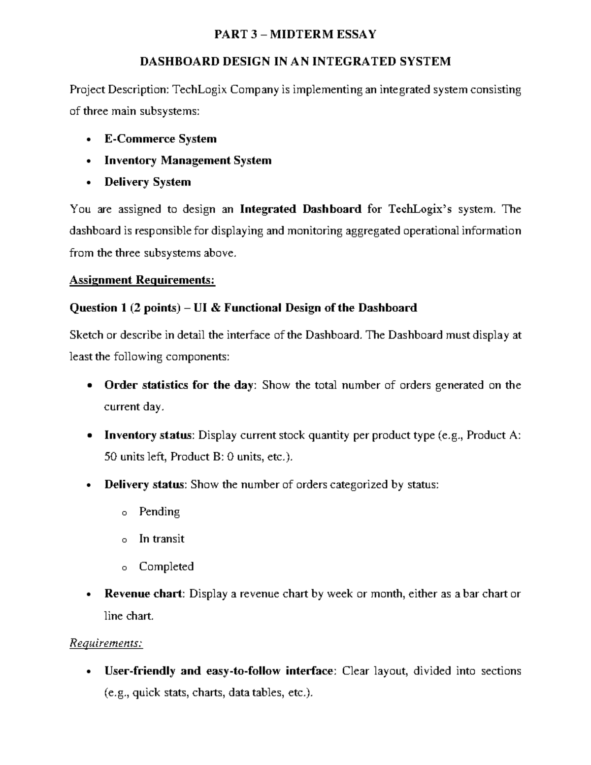 PART 3 MIDTERM ESSAY: INTEGRATED DASHBOARD DESIGN FOR TECHLOGIX - Studocu