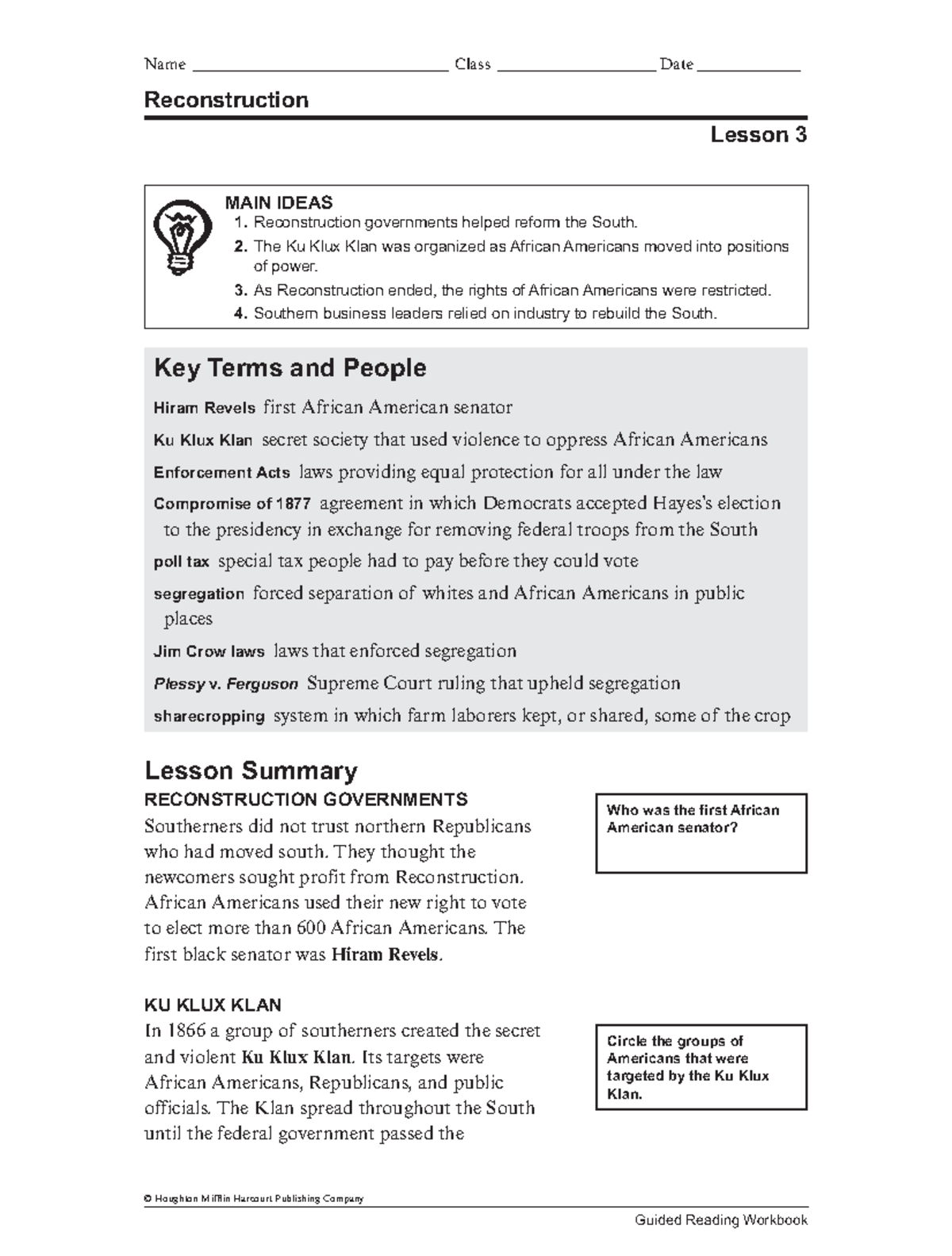 Christopher Broome - Reconstruction Lesson 3 Guided Reading Notes - Studocu