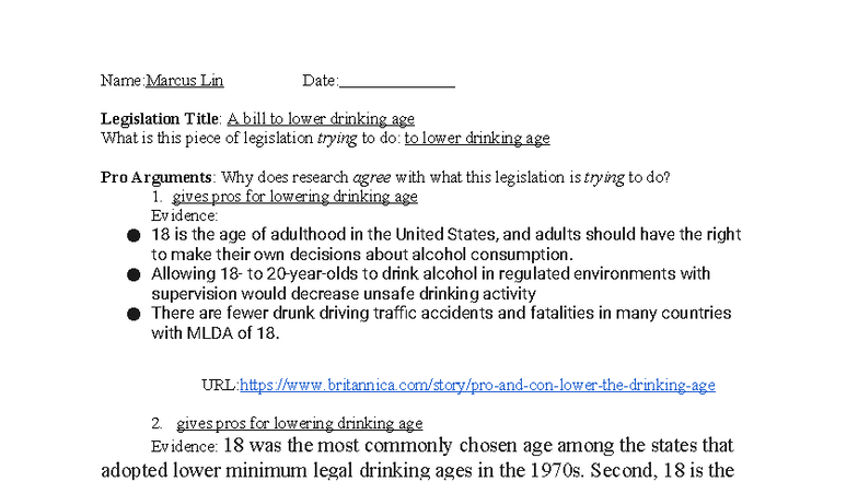 Legislation Analysis: A Bill to Lower Drinking Age - Congress Outlines ...