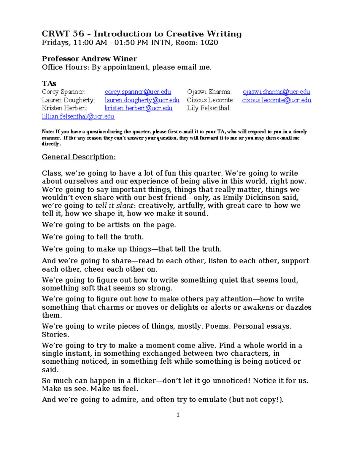 CRWT 56 - Creative Writing Syllabus - Winter 2024 Semester - Studocu