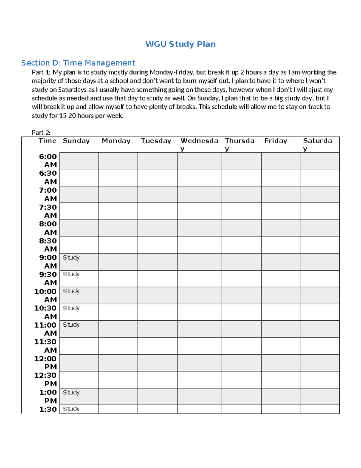 WGU Study Plan: Time Management Strategy and Weekly Schedule - Studocu