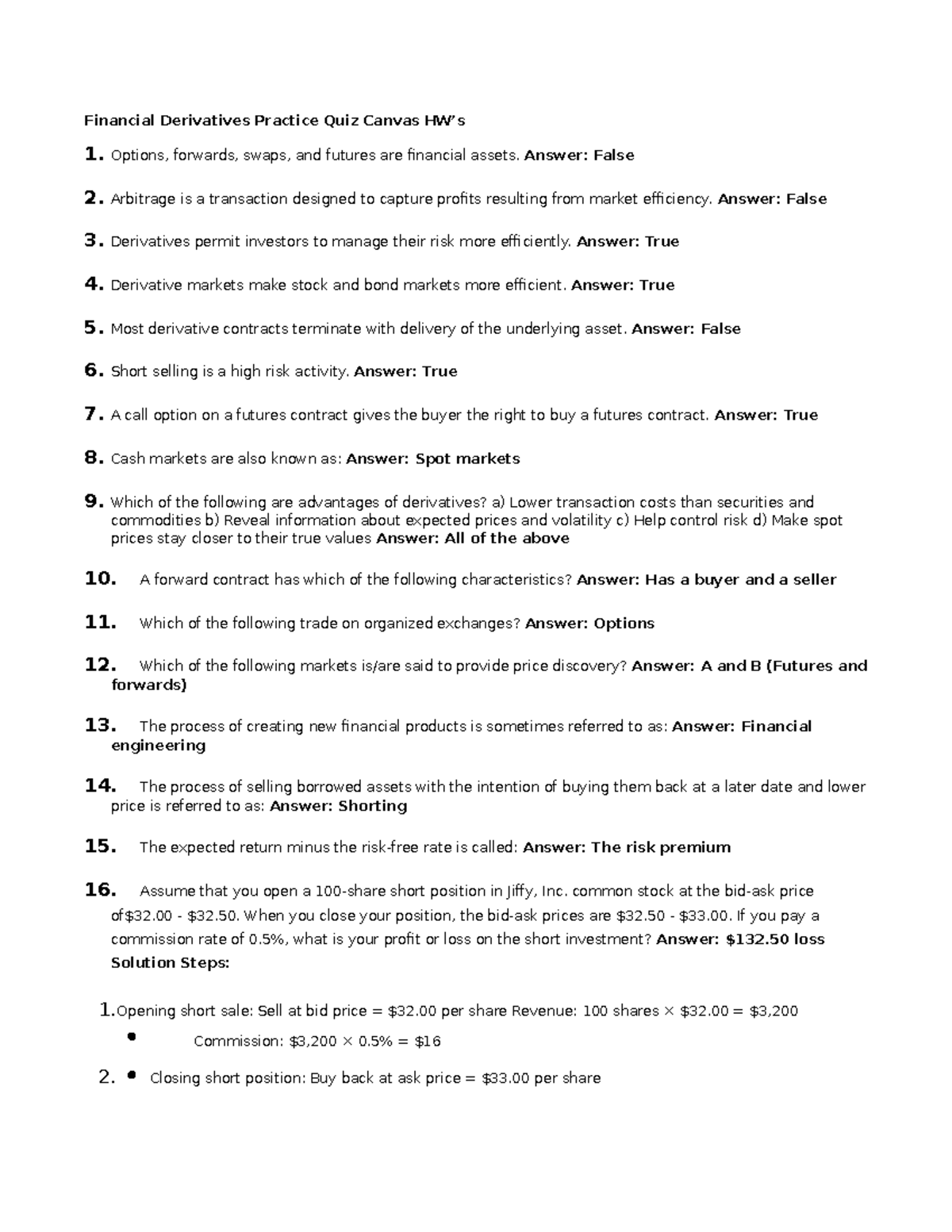 Canvas FIN 301 Financial Derivatives Practice Quiz - Answer Key #2 ...