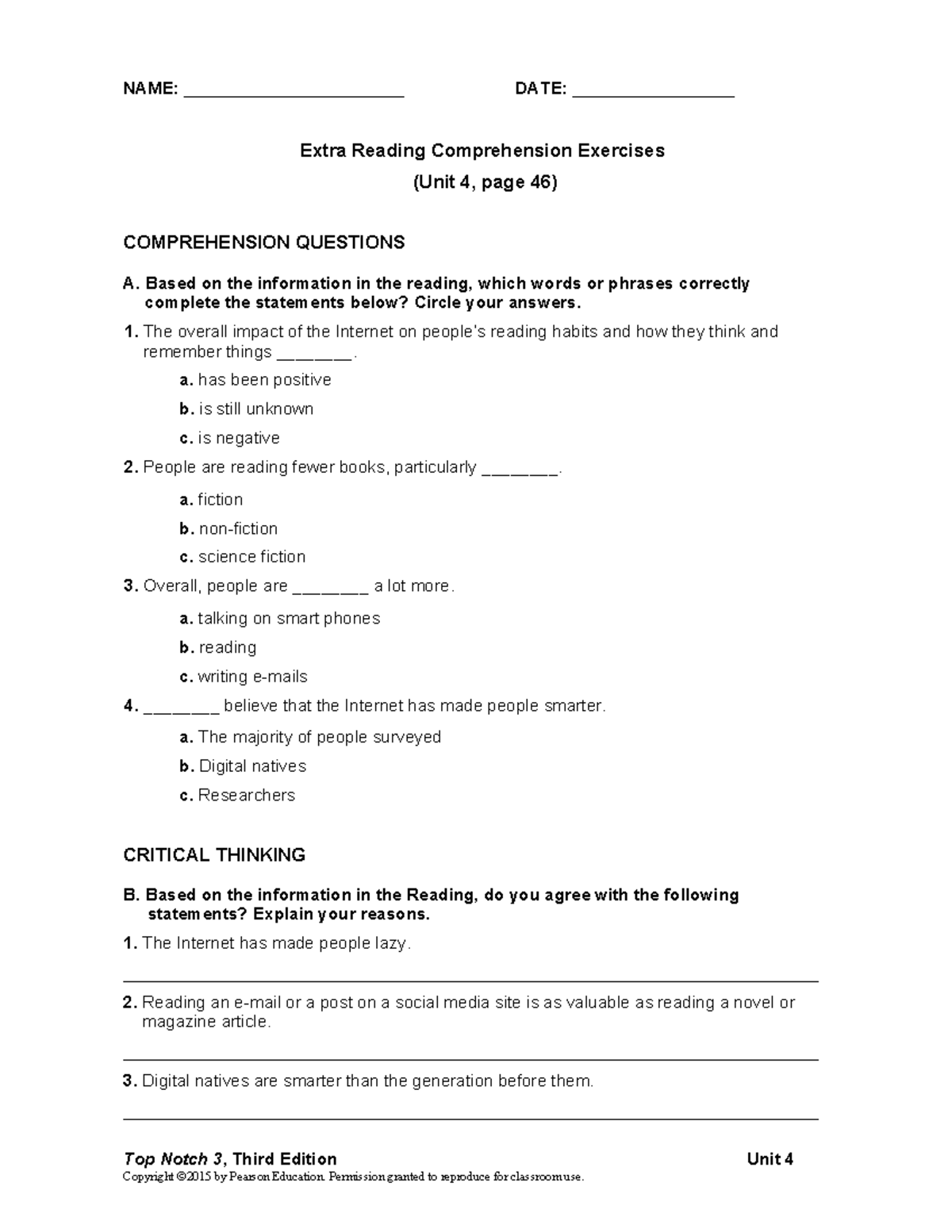 UNIT 04 P46 Comics - ingles repaso - NAME: DATE: Extra Reading ...
