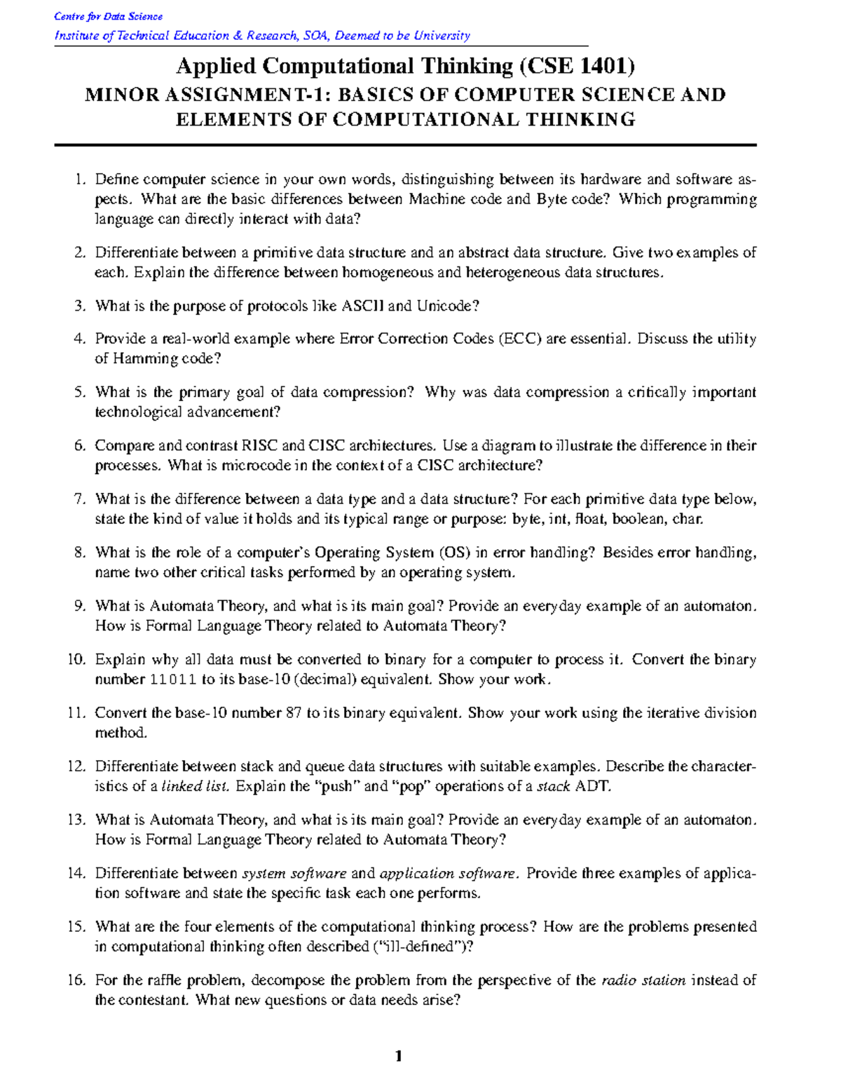 CSE 1401 Minor: Basics of Computer Science & Computational Thinking ...