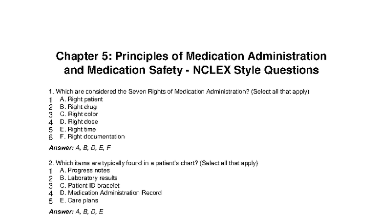 Chapter 5: Medication Administration Safety Quiz NCLEX Style Questions ...
