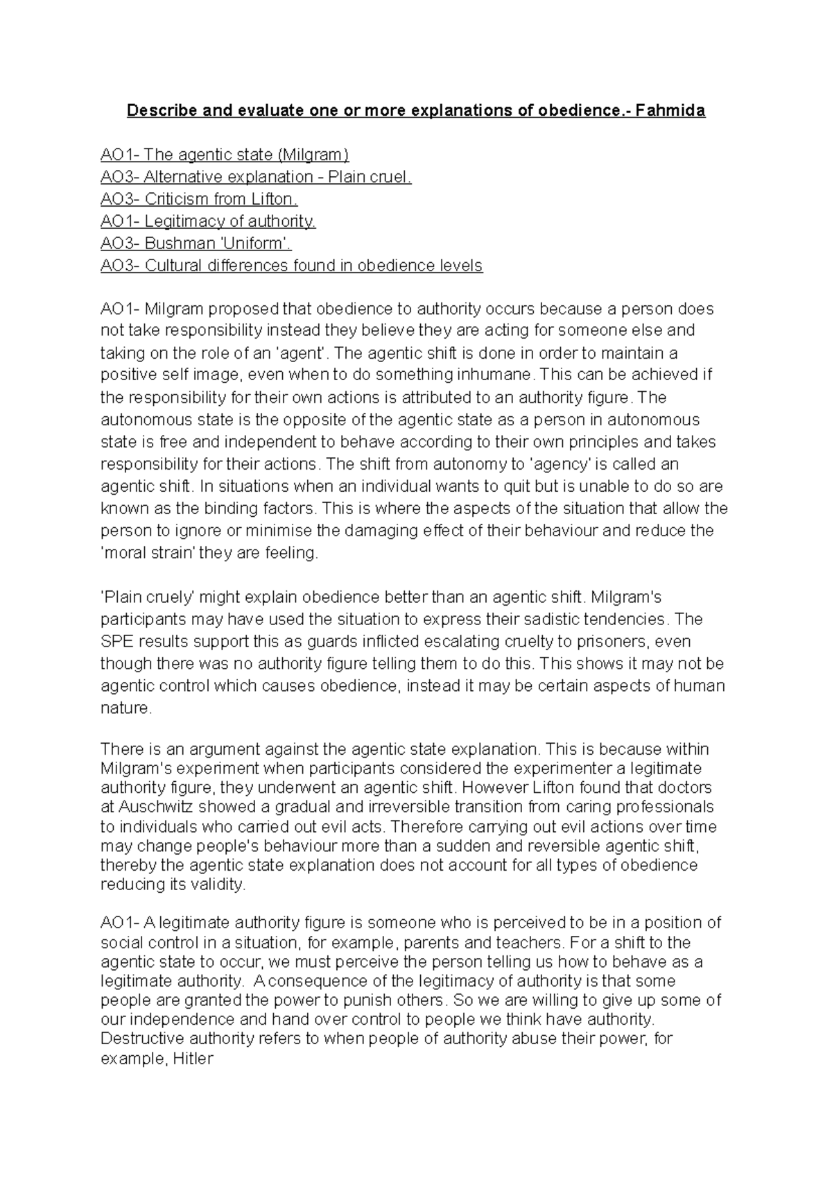 Agentic State and Legitimacy of Authority: An Evaluation Essay (PSY101 ...