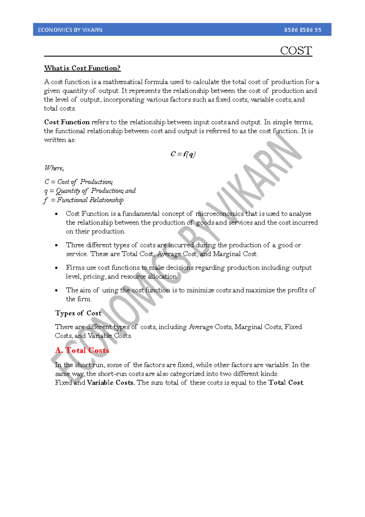 ECONOMICS VIKARN 8586 8586 99 Cost Function and Types of Costs Notes ...