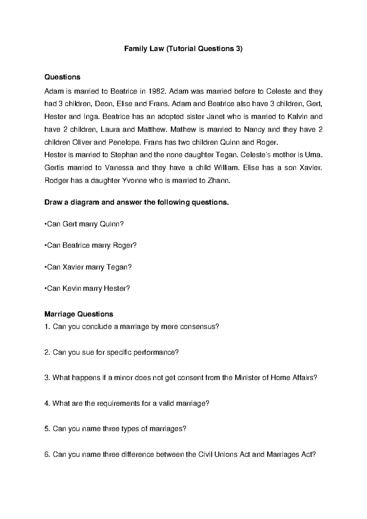 Family Law (Tutorial 3) Questions and Answers Marriage Questions ...