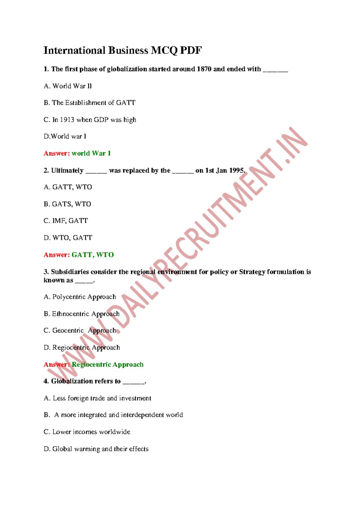 International Business MCQ Questions & Answers for Exam Prep - Studocu