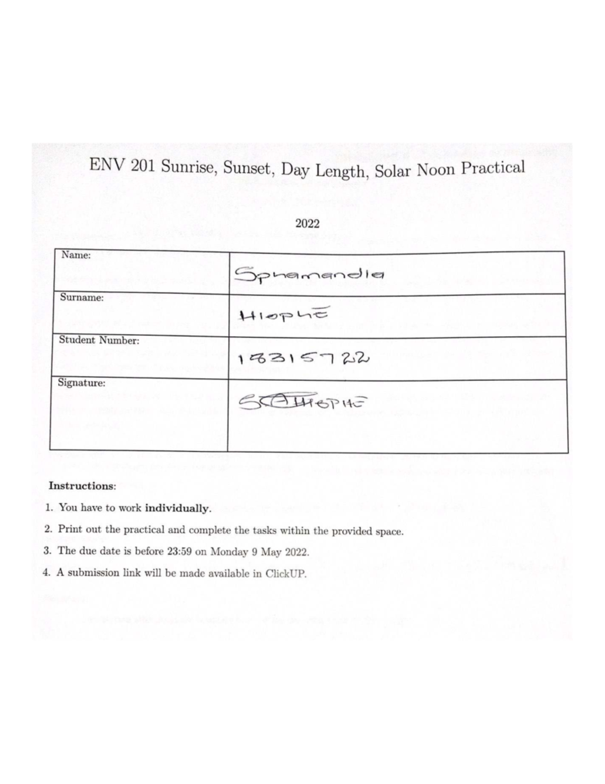 ENV 201 Sunrise, Sunset, Day Length, Solar Noon Practical - You have to ...