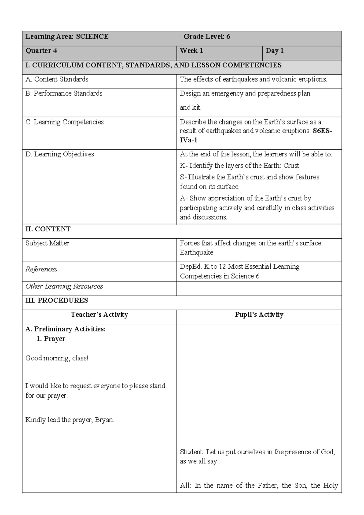 Science 6 - Quarter 4 - Week 1 - Day 1 Lesson on Earth's Crust - Studocu