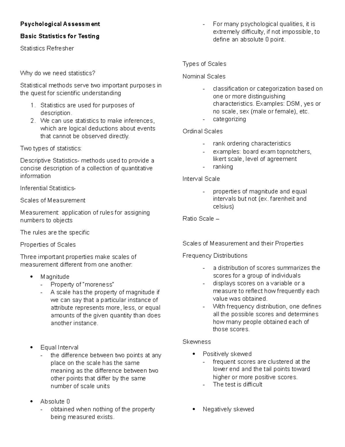 Psychological Assessment: Basic Stats & Measurement Scales (PSY 101 ...