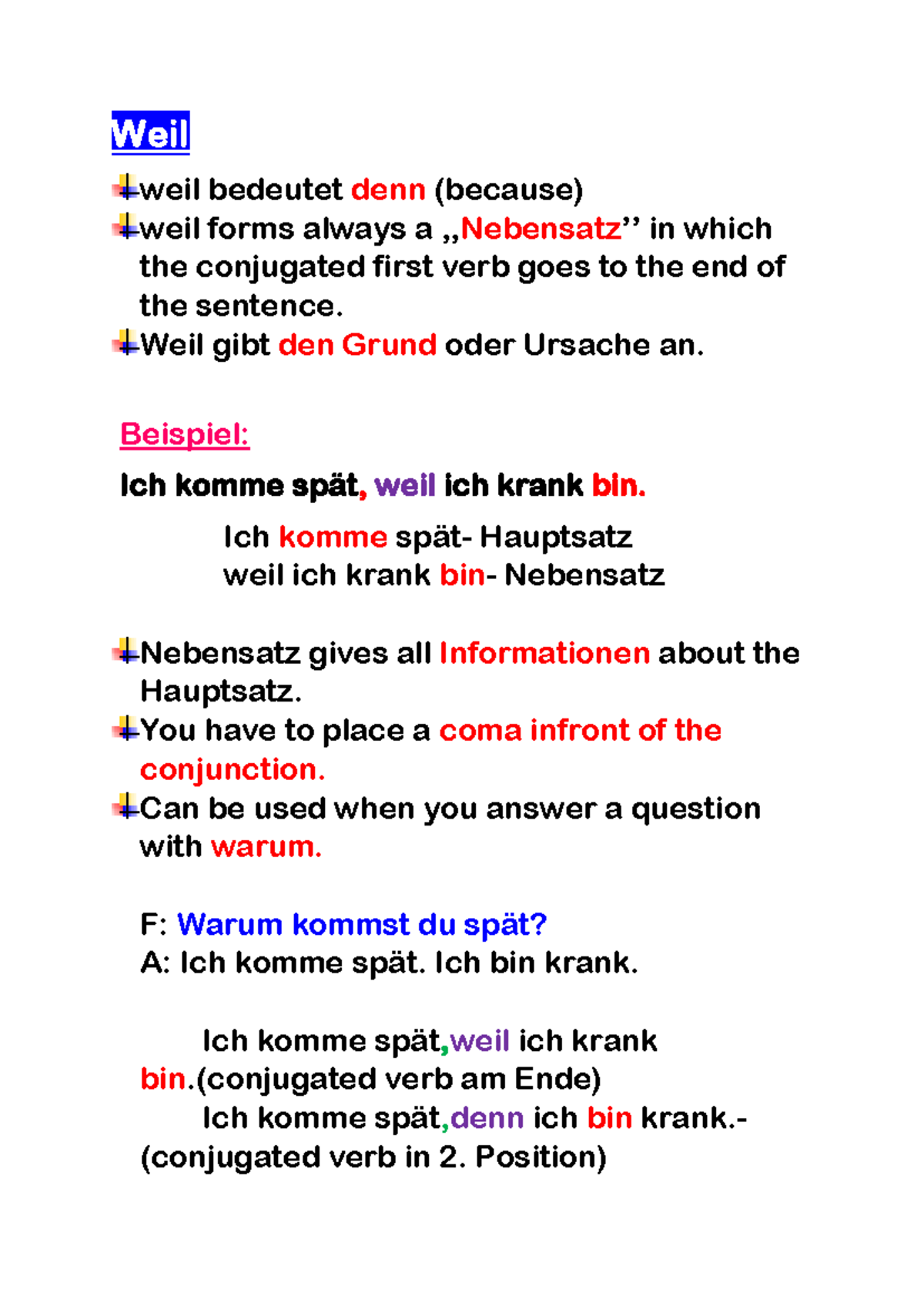 Weil explanation - German Language A2 Level Notes - Weil weil bedeutet ...