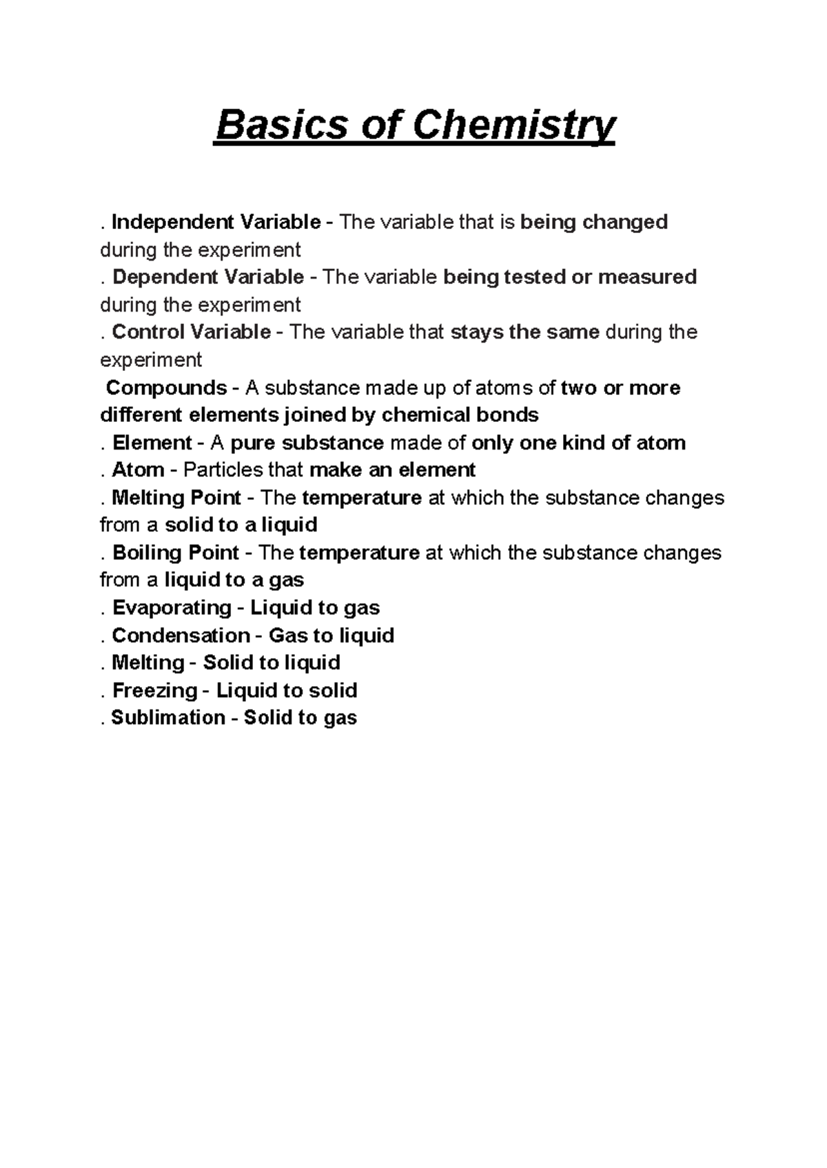 Basics of Chemistry - Key Concepts and Definitions - Basics of ...
