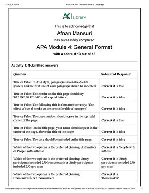 APA Module 1: Plagiarism Completion Acknowledgment by Afnan Mansuri ...