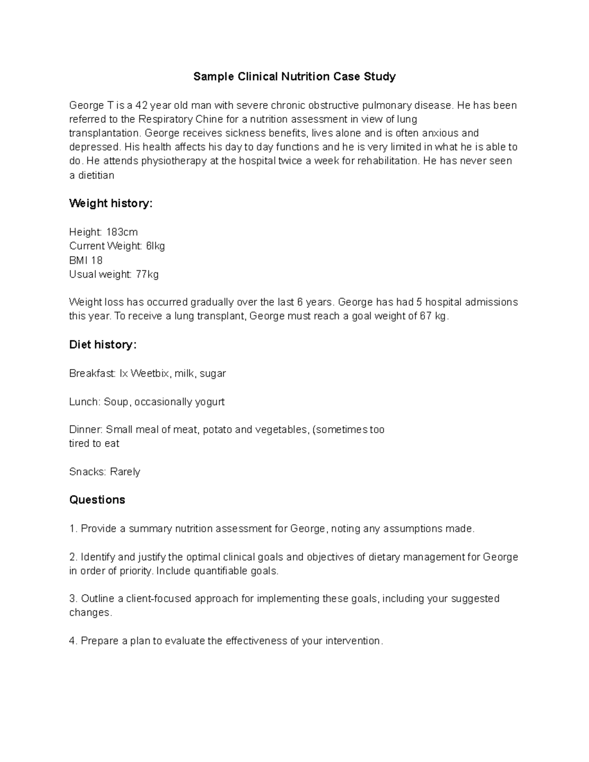 Clinical Nutrition Case Study: George T's Dietary Management & Goals ...