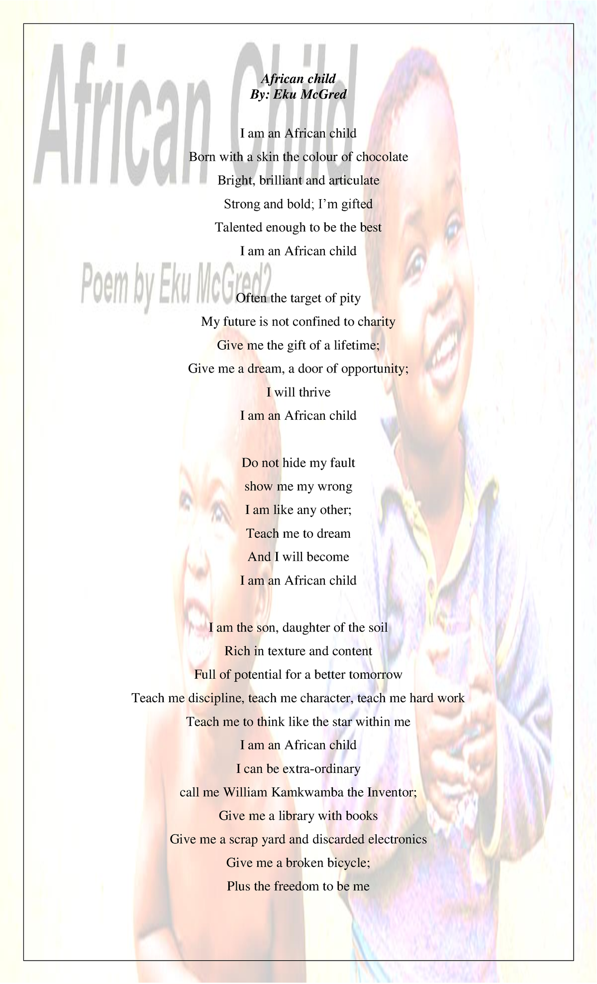 Analysis of the Poem "I Am an African Child" by Eku McGred - Studocu