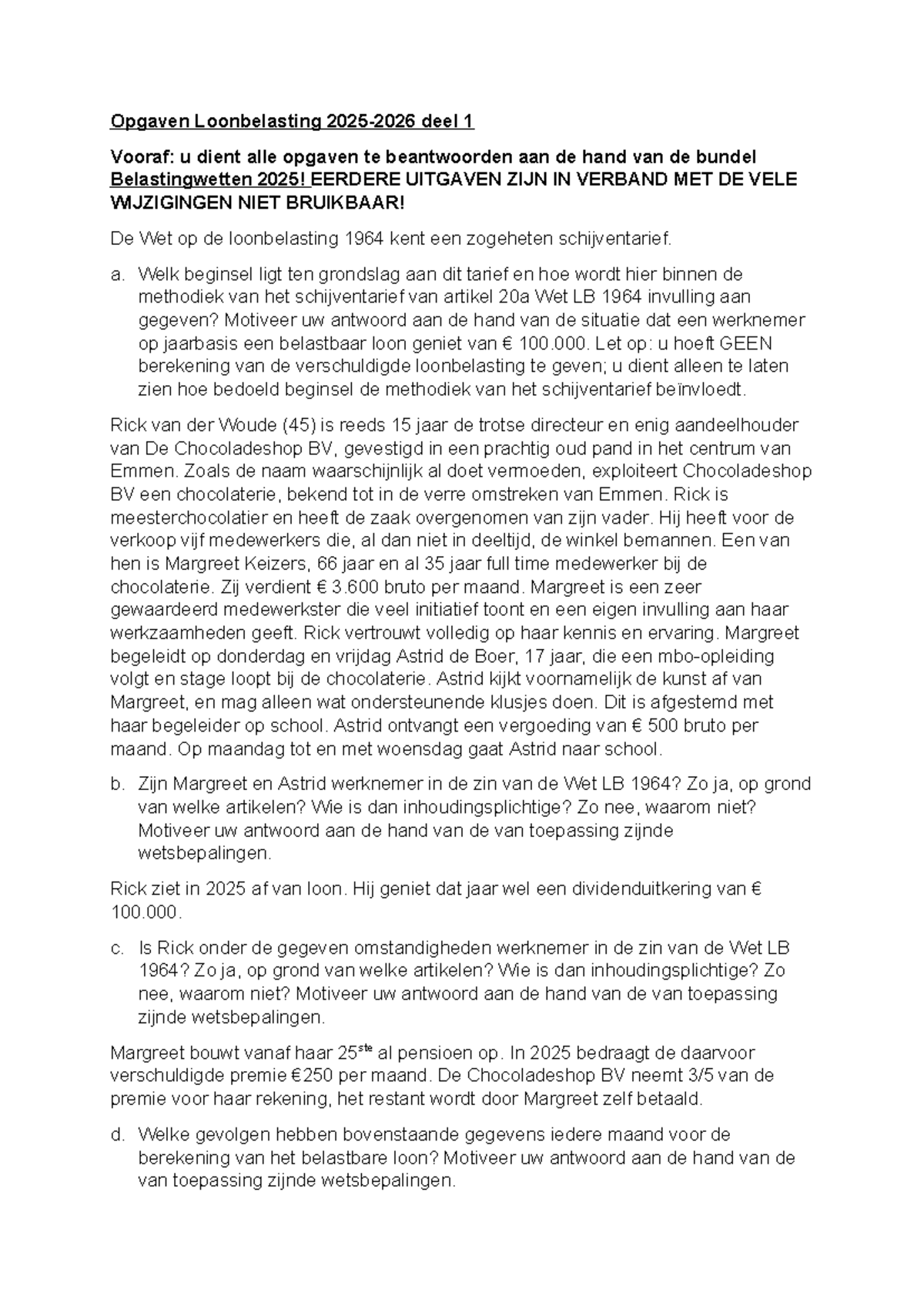 Opgaven Loonbelasting 2025-2026: Deel 1 Analyse en Toepassing - Studeersnel