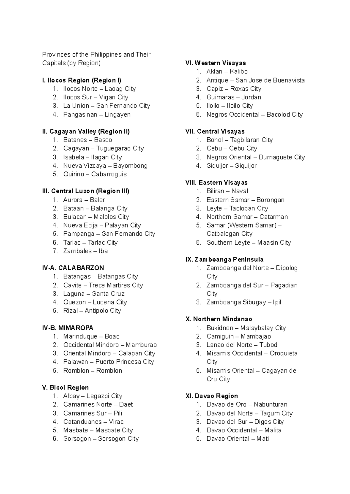 Provinces and Capitals of the Philippines (Region I-XI) - Studocu