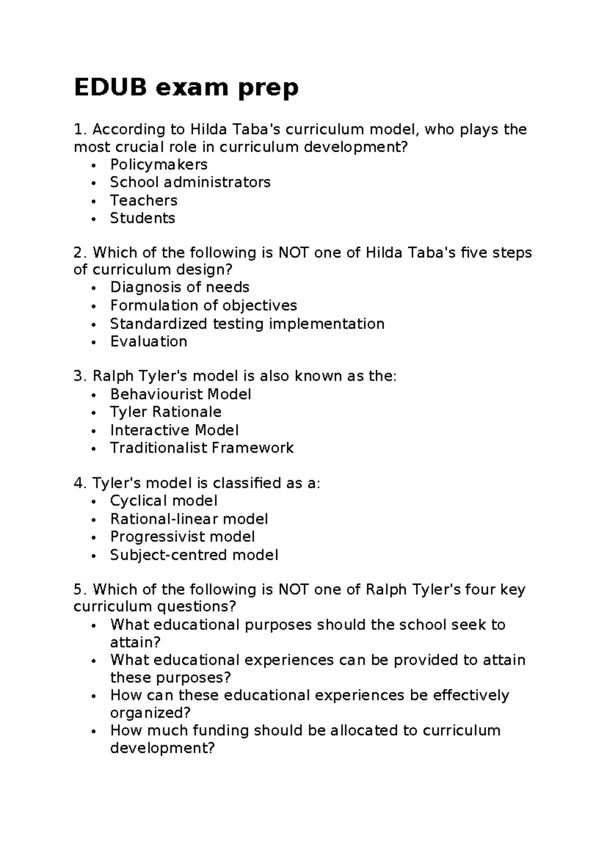 EDUB 101 Exam Prep - Key Questions on Curriculum Models and Theories ...
