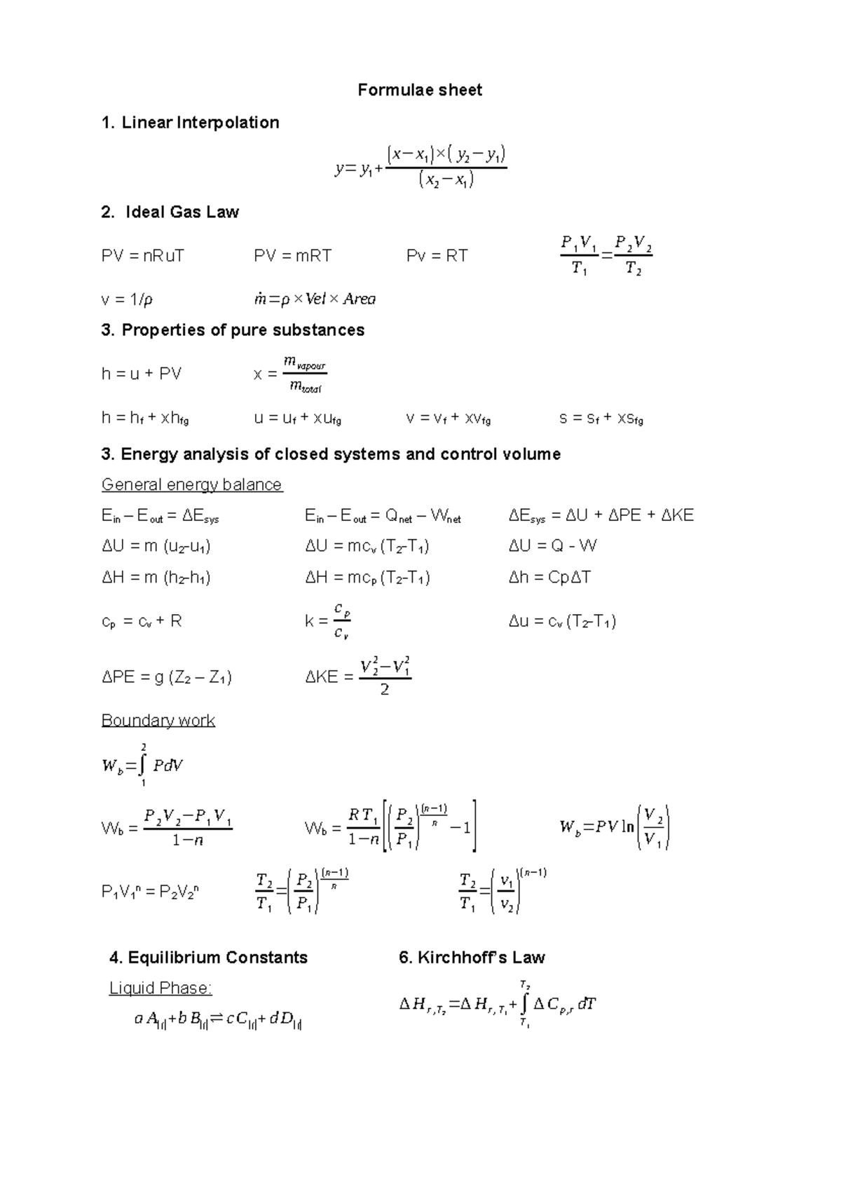 Formulae Sheet - Key Equations for Thermodynamics (ENGR 101) - Studocu