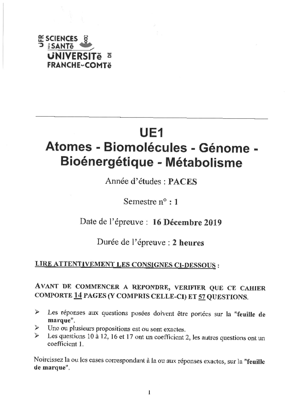 2019-20 UE1 - Biochemistry Exam Annals for PASS Program - Studocu