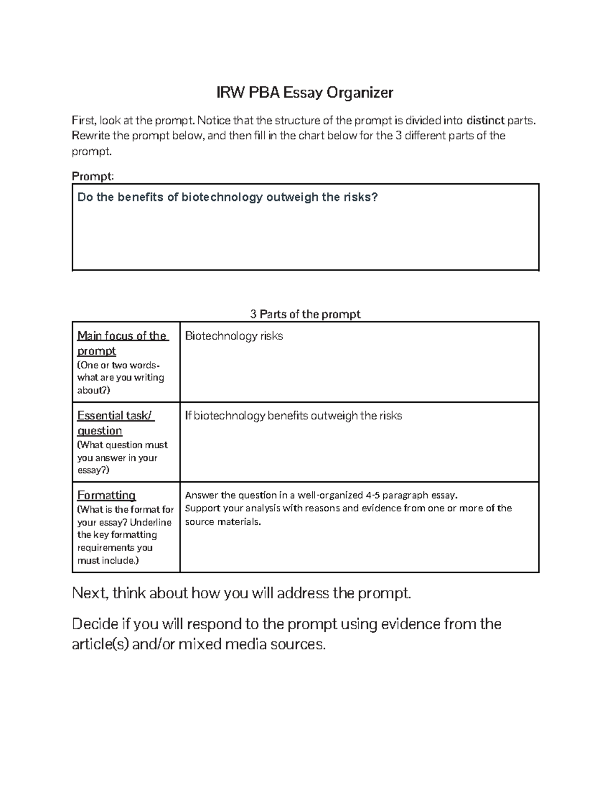 Copy of Prompt Dissection + Outline Chart CH - IRW PBA Essay Organizer ...