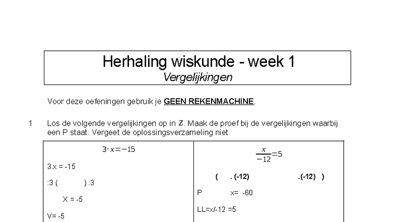 Herhaling Wiskunde Week 1: Oplossen van Vergelijkingen zonder Rek ...