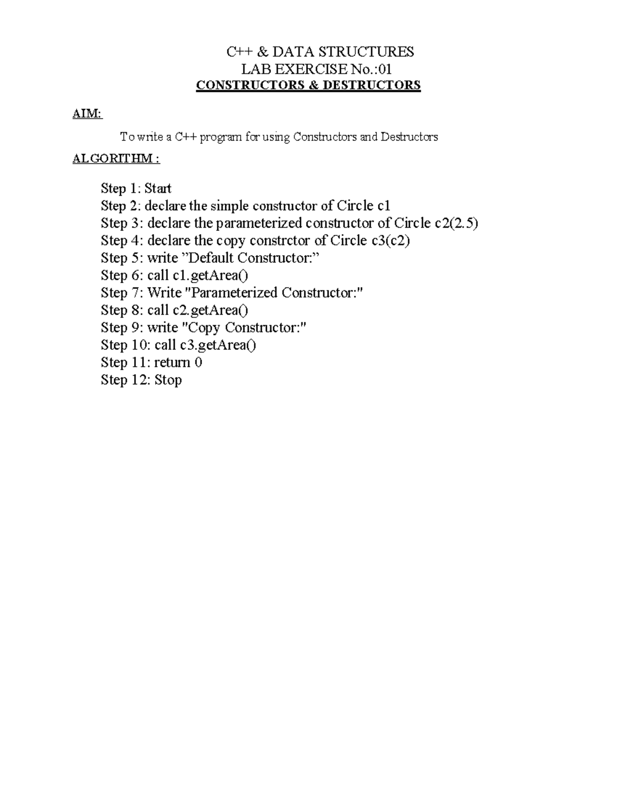 Oops Record Program 1 Aim Algorithm C And Data Structures Lab Exercise No Constructors