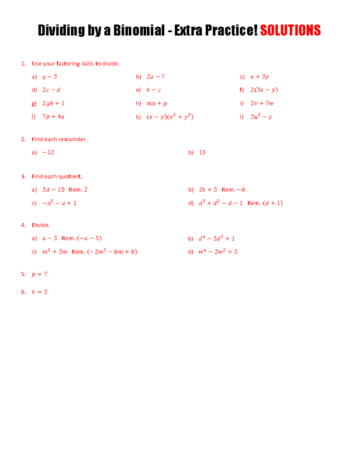 01A - Dividing by a Binomial - Extra Practice Solutions - Studocu